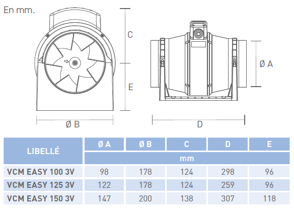 Extracteur d'air permanent en conduits - VMC EASY 125 3V - 123187 ...